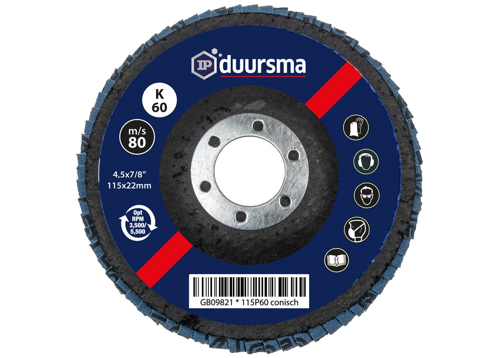 115P60 conisch DUURSMA Lamellenschijf 115 P60 Conisch (blauw Zirkonium flapschijf) | GB09821